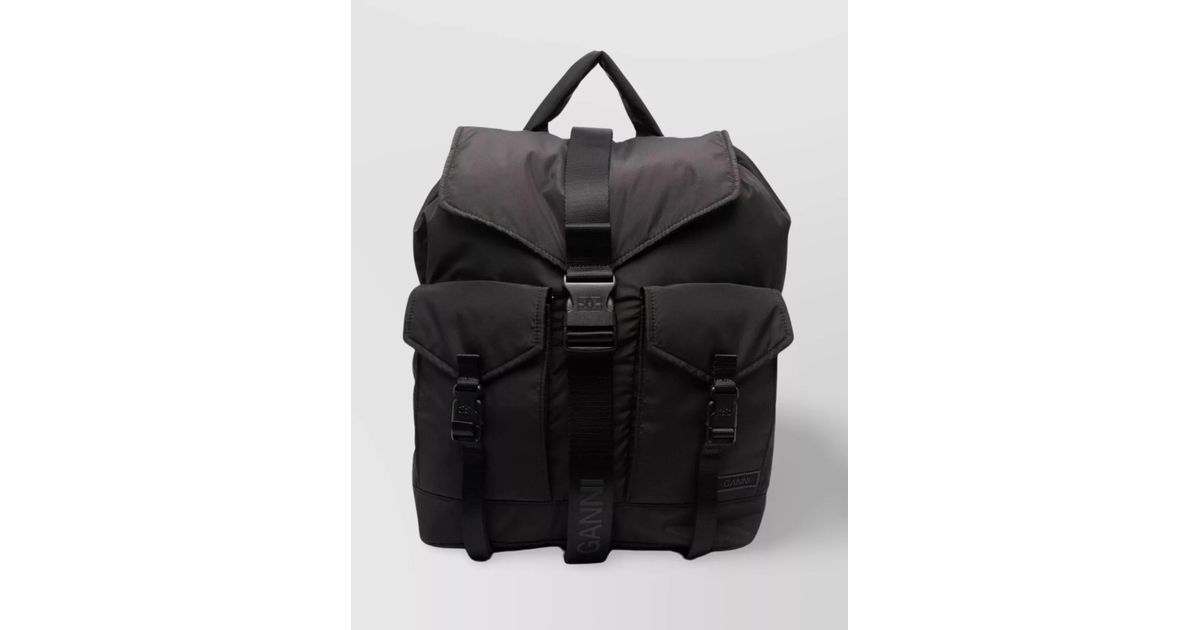 Ganni Tech Adjustable Handle Backpack With Front Pockets in Black | Lyst