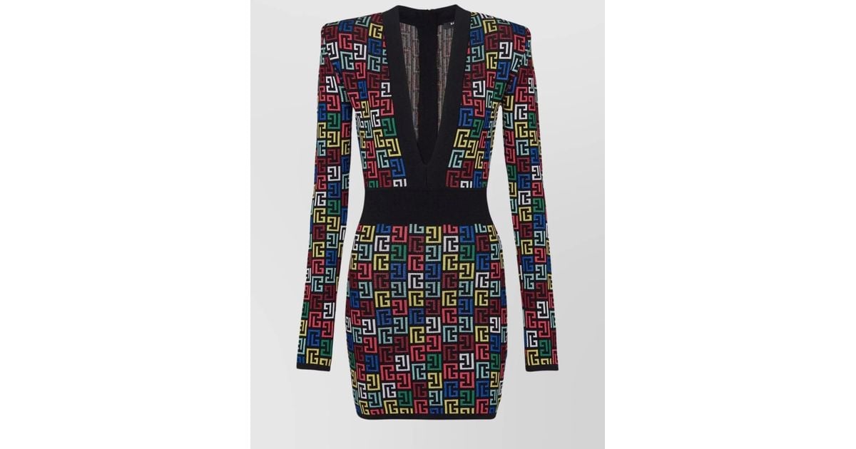 Balmain Knit Dress With Monogram And Geometric Pattern in Blue | Lyst