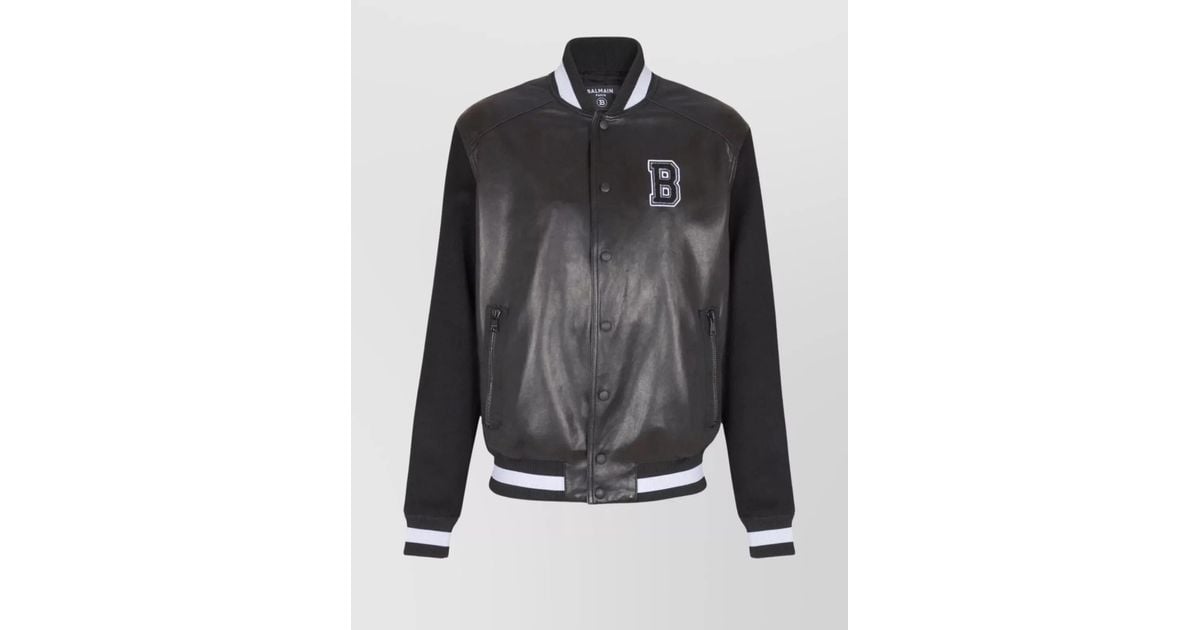 Balmain Varsity Bomber Jacket With Leather And Wool in Grey for Men ...
