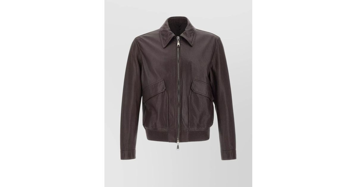Tagliatore Leather Jacket With Collared Design And Front Pockets in ...