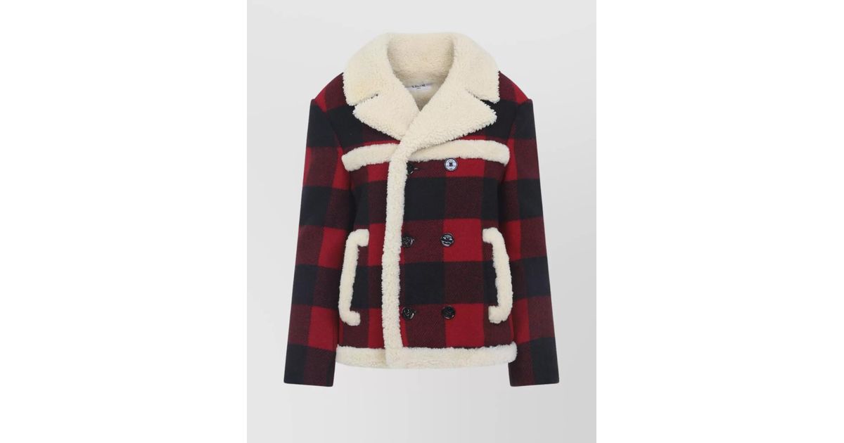 Celine Double-Breasted Shearling Collar Check Jacket in Red | Lyst UK