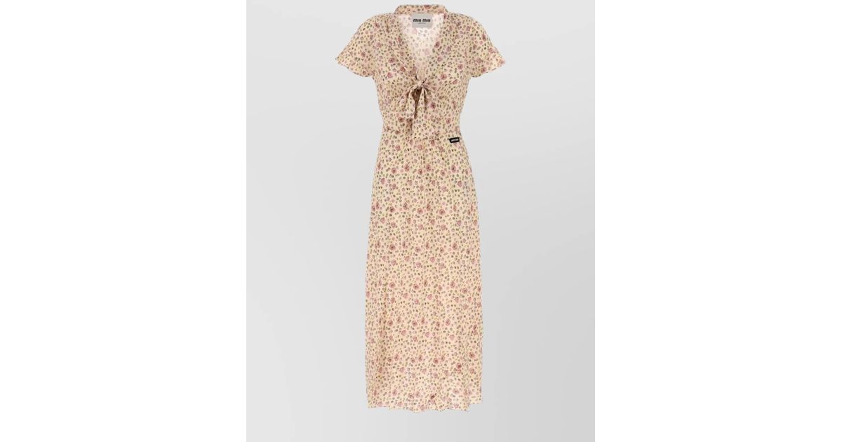 Miu Miu Silk Dress With Floral Pattern And Tie Waist in Natural | Lyst
