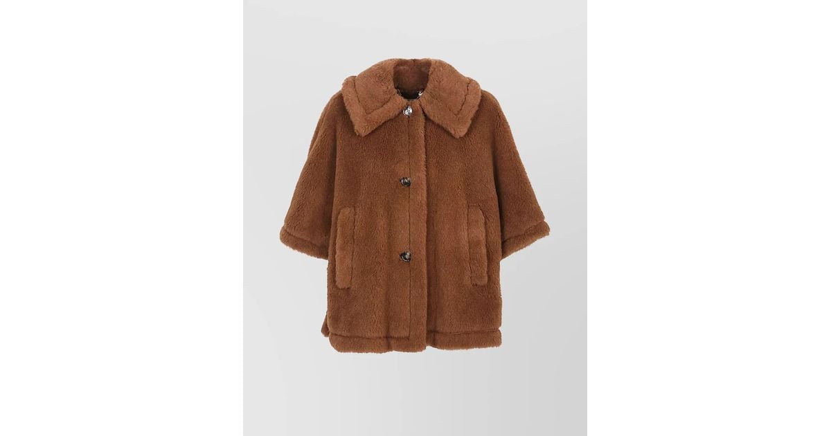 Max Mara Wool Buttoned Cape With Faux Fur Texture in Brown | Lyst