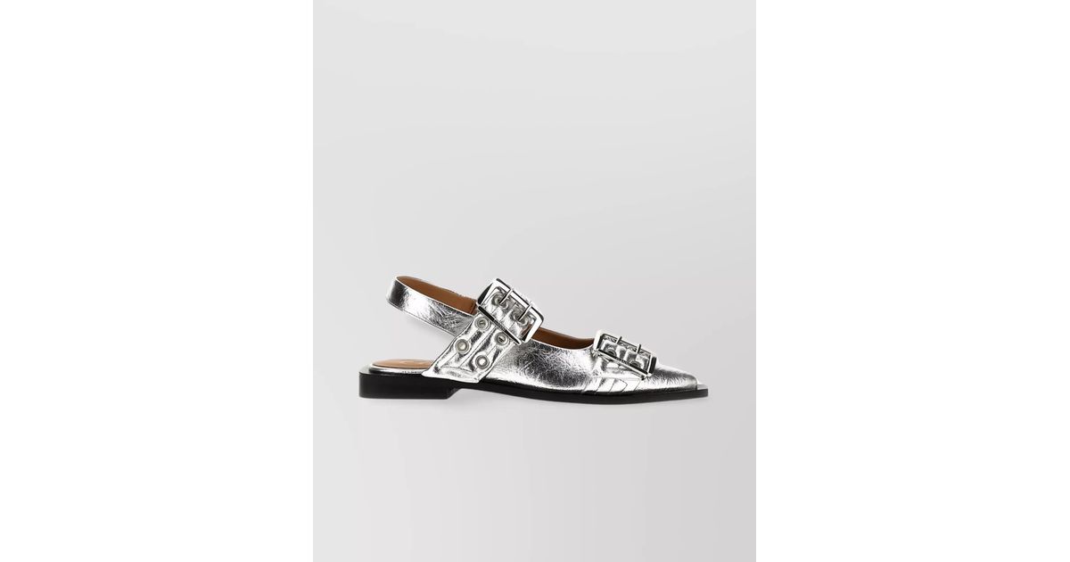 Ganni Leather Buckle Slingback Ballerina Shoes in Metallic | Lyst