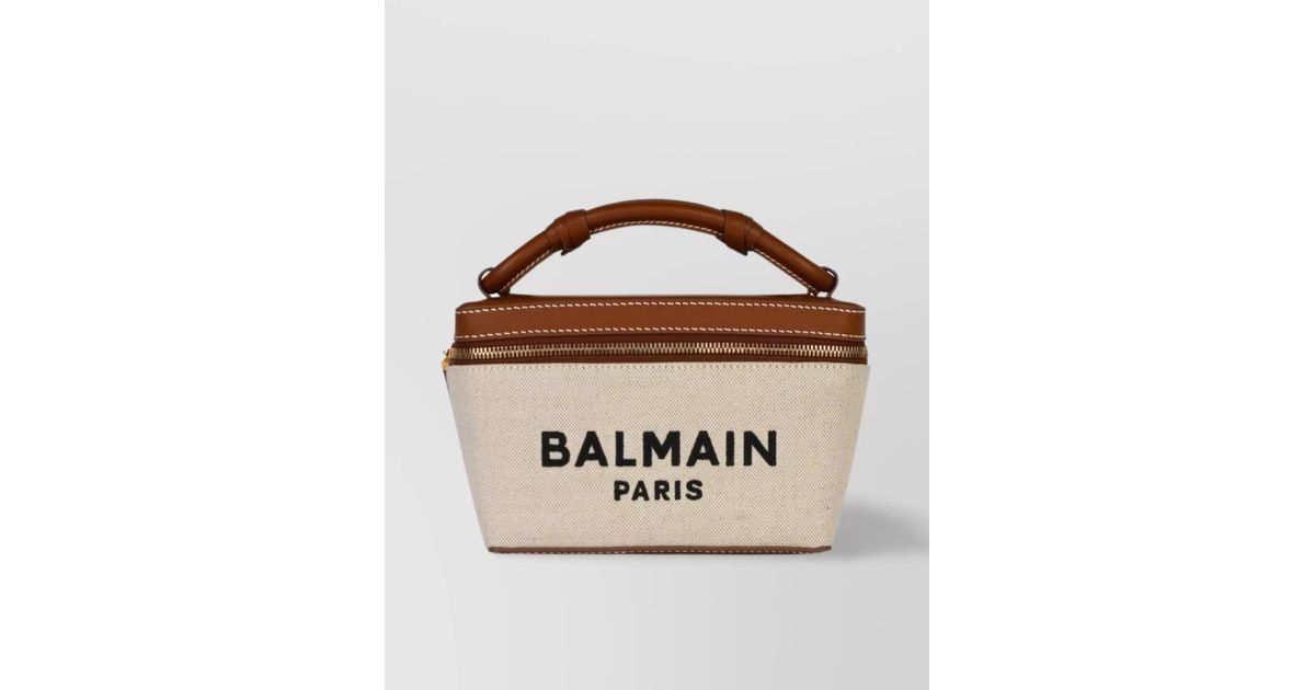 Balmain Canvas Bag With Top Handle And Contrast Trim in Brown | Lyst