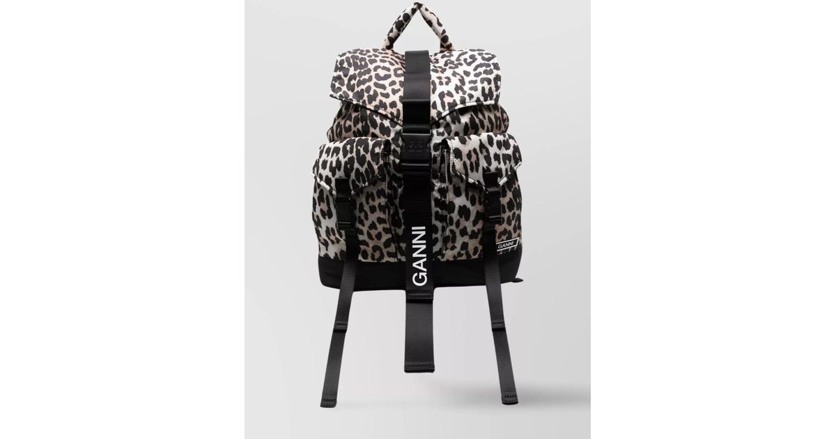 Ganni Leopard Print Backpack With Adjustable Shoulder Straps in Black ...