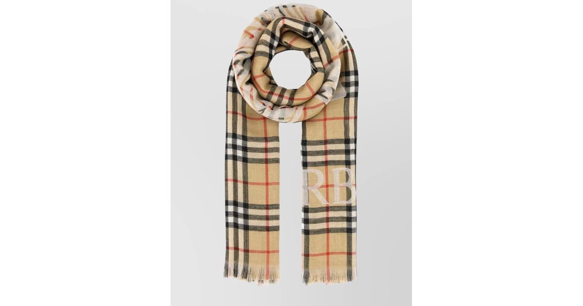 Burberry Wool Scarf With Embroidered Check Pattern And Fringed Edges | Lyst