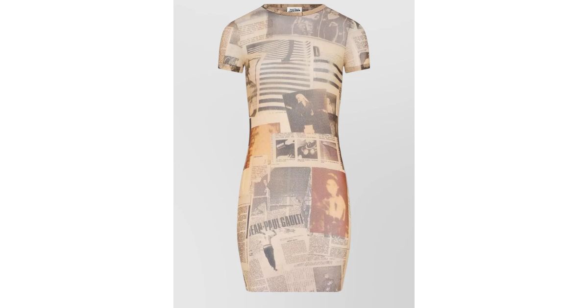 Jean Paul Gaultier Knee Length Dress Crew Neck Newspaper in Natural ...
