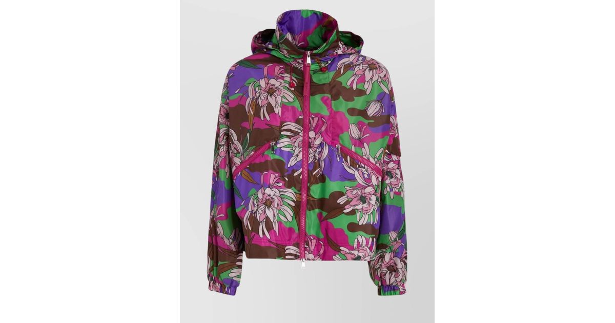 Moncler Nylon Jacket With Detachable Hood And Floral Pattern in Pink | Lyst