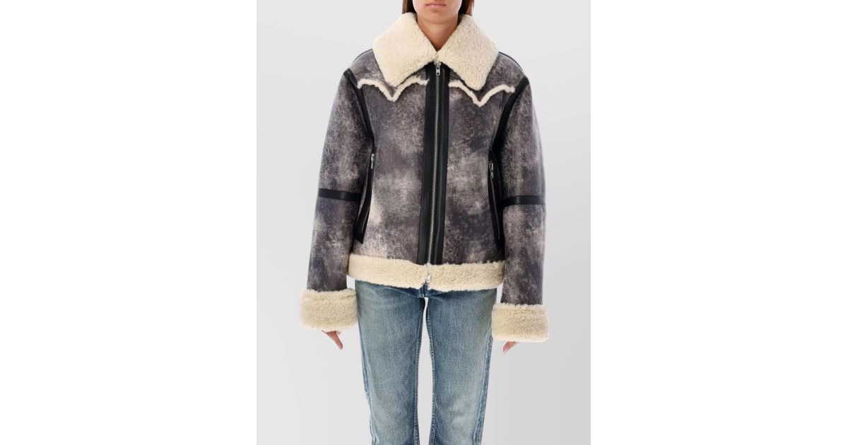 Stand Studio Shearling Aviator Jacket Contrast Trim in Gray | Lyst