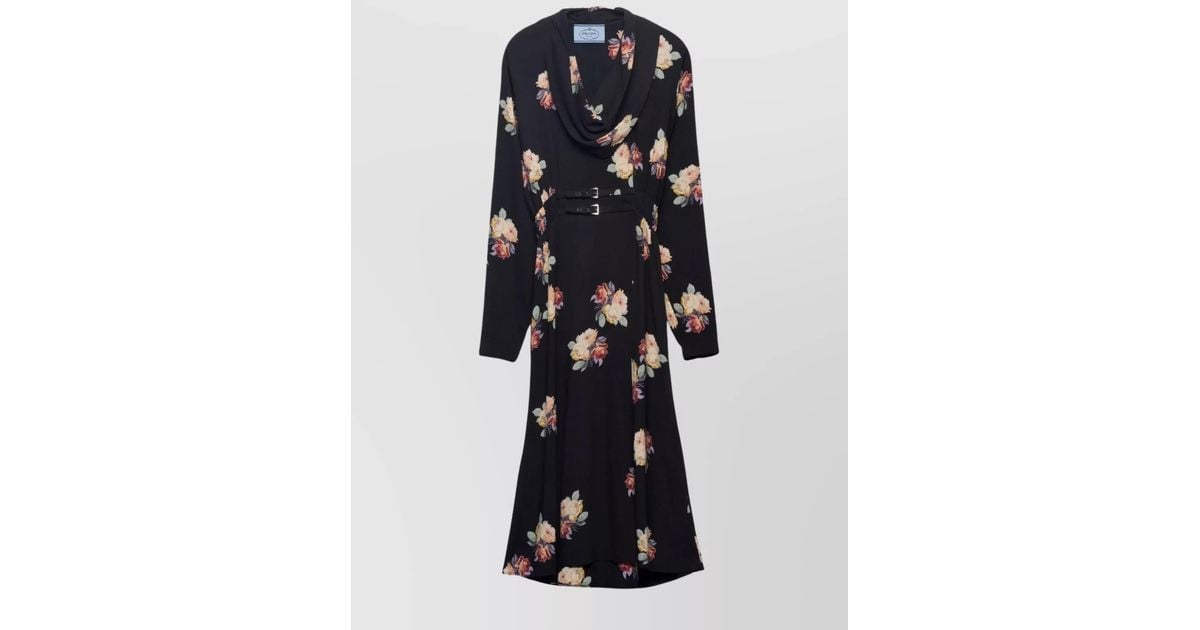 Prada Belted Waist Floral Pattern Midi Dress in Blue | Lyst