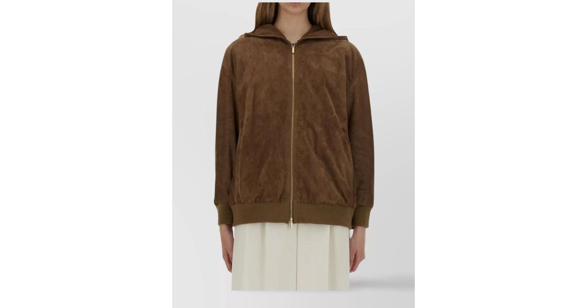 Max Mara Hooded Leather Jacket With Ribbed Cuffs And Hem in Brown | Lyst UK