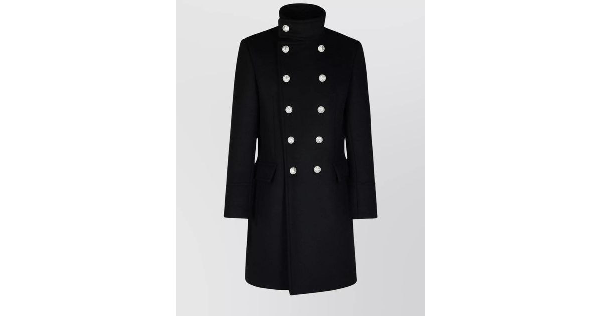 Balmain Wool Blend Coat With Buttoned Back Belt in Black for Men | Lyst