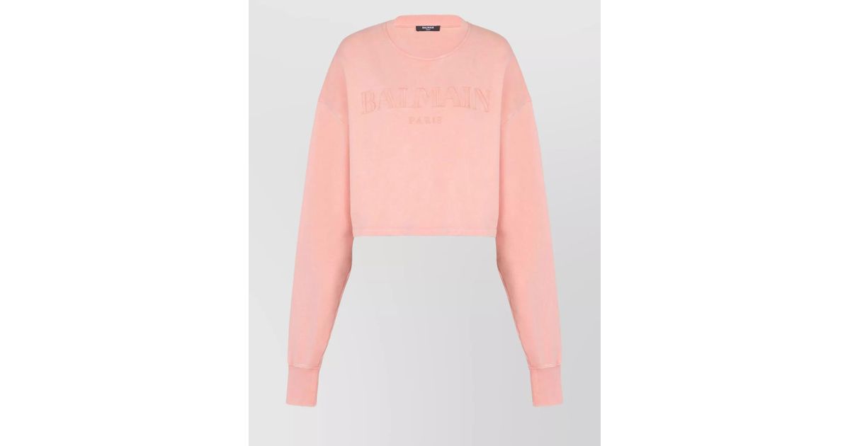 Balmain Cotton Cropped Loose-Fit Long-Sleeve Sweatshirt in Pink | Lyst UK