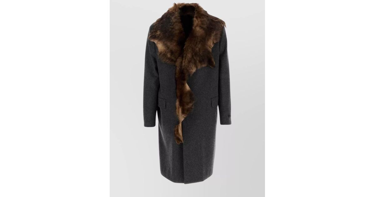 Prada Long Wool Coat Featuring Fur Collar in Black for Men | Lyst UK