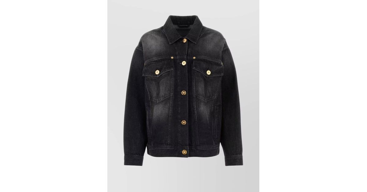 Versace Denim Jacket With Chest Pockets And Collared Neck in Black | Lyst