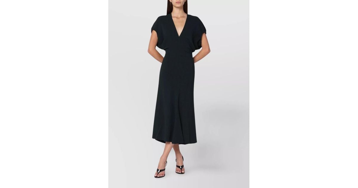 Victoria Beckham Satin Midi Dress Cap Sleeves V-Neckline in Blue | Lyst UK