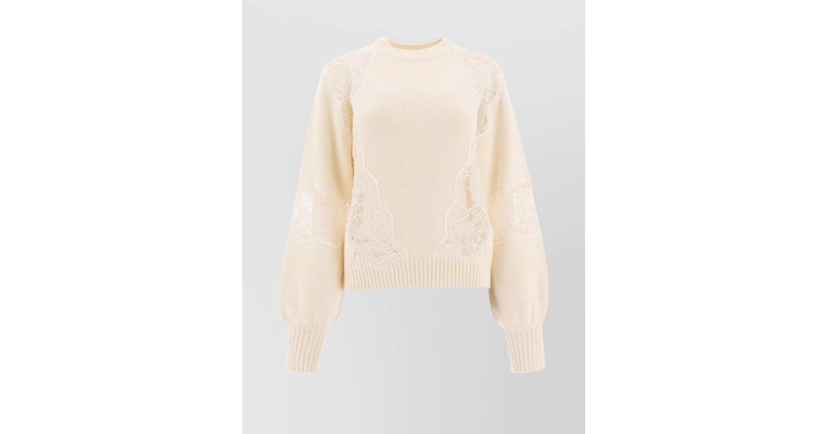 Elie Saab Lace Insert Knit Sweater in Natural | Lyst UK