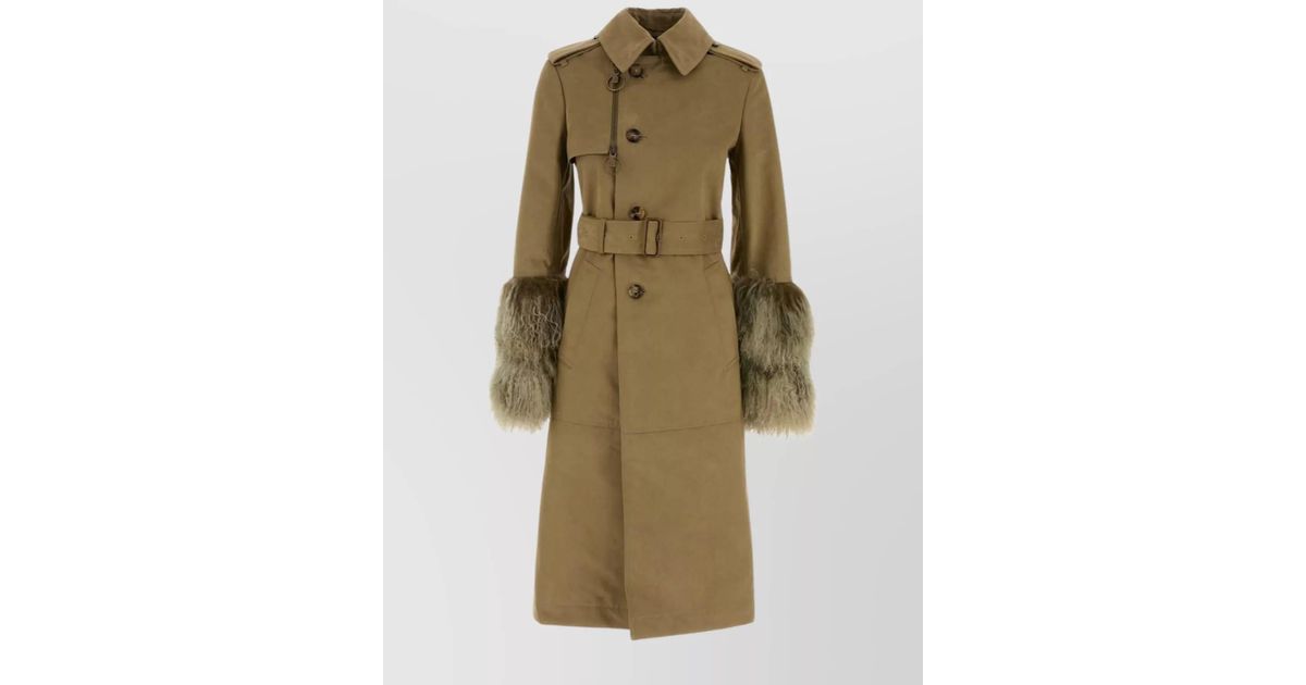 Burberry Cotton Blend Trench Coat With Fur Cuffs in Green | Lyst