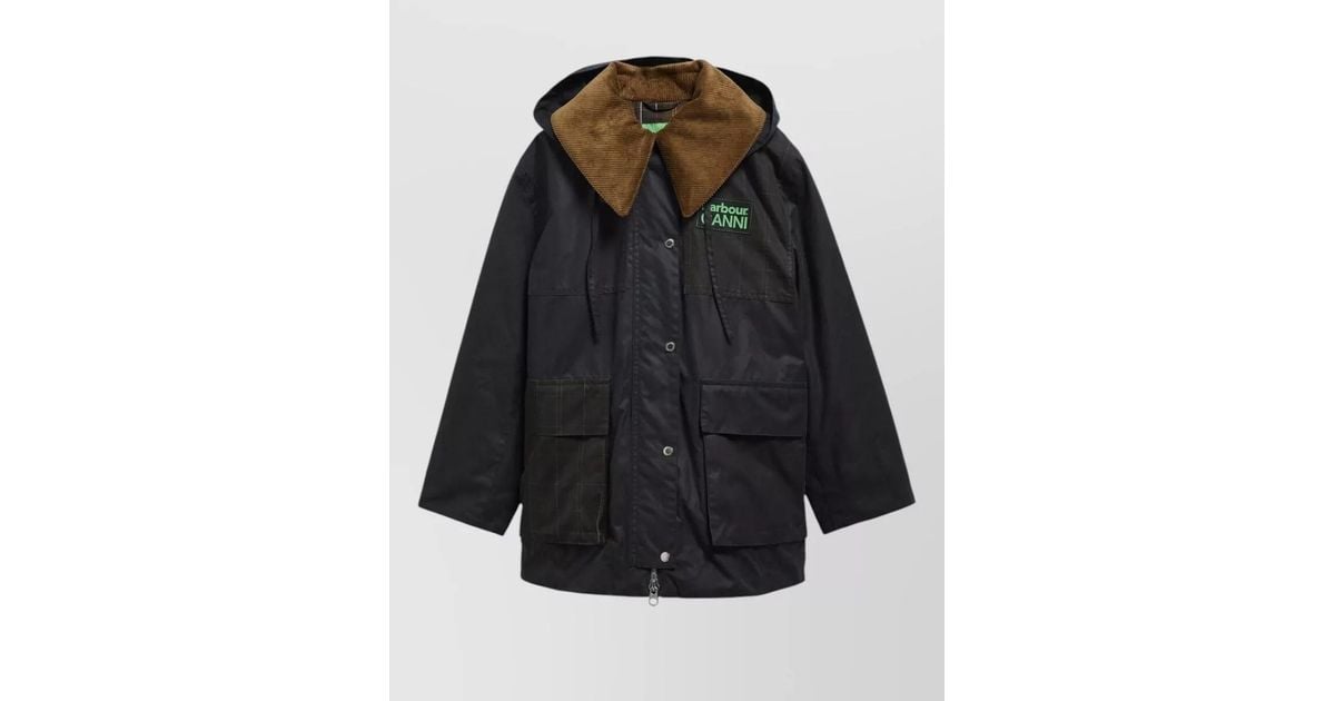 Barbour Ganni Hooded Coat Plaid Accents in Black | Lyst UK