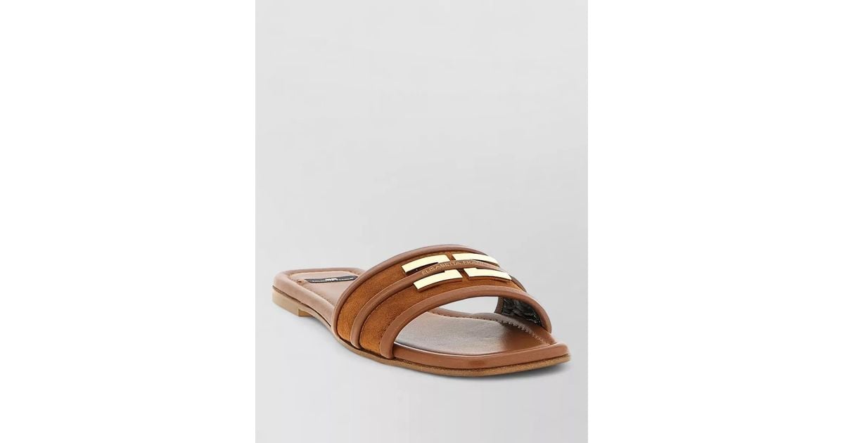 Elisabetta Franchi Logo Sandals Flat Sole Square Toe in Brown | Lyst UK