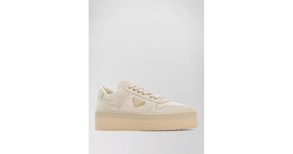 Prada Fabric And Suede Downtown Bold Sneakers in Natural | Lyst UK