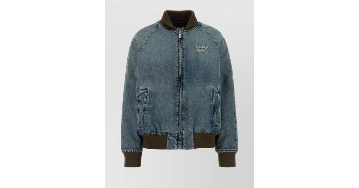 Miu Miu Denim Bomber Jacket With Ribbed Cuffs And Hem in Blue | Lyst UK