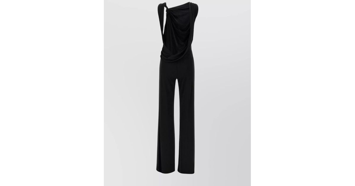 ANDAMANE Jumpsuit Draped Neckline Wide-Leg Pants in Black | Lyst