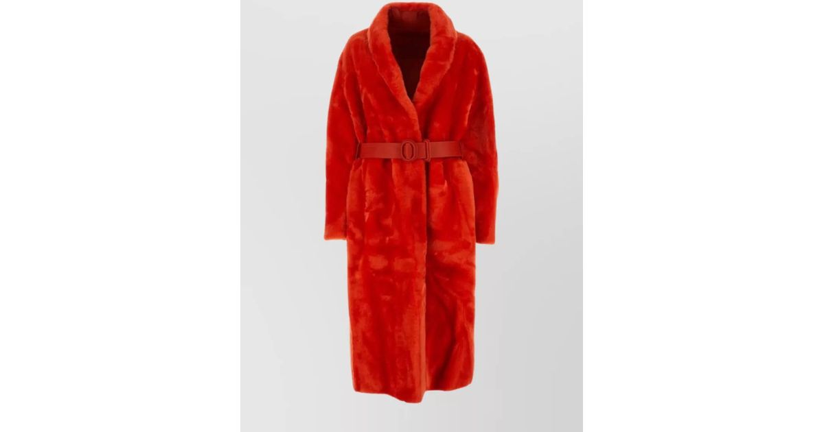 Jil Sander Waist Belt Shearling Coat in Red | Lyst