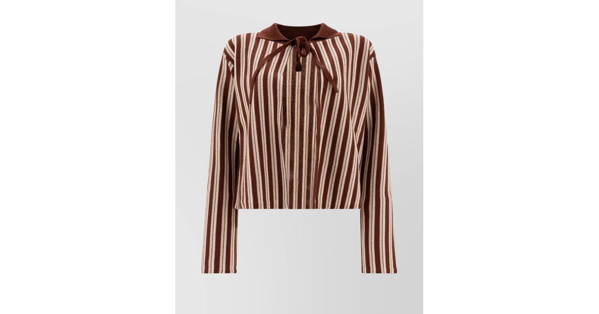 Bode Striped Bow Detail Keyhole Neck Cardigan in Brown | Lyst