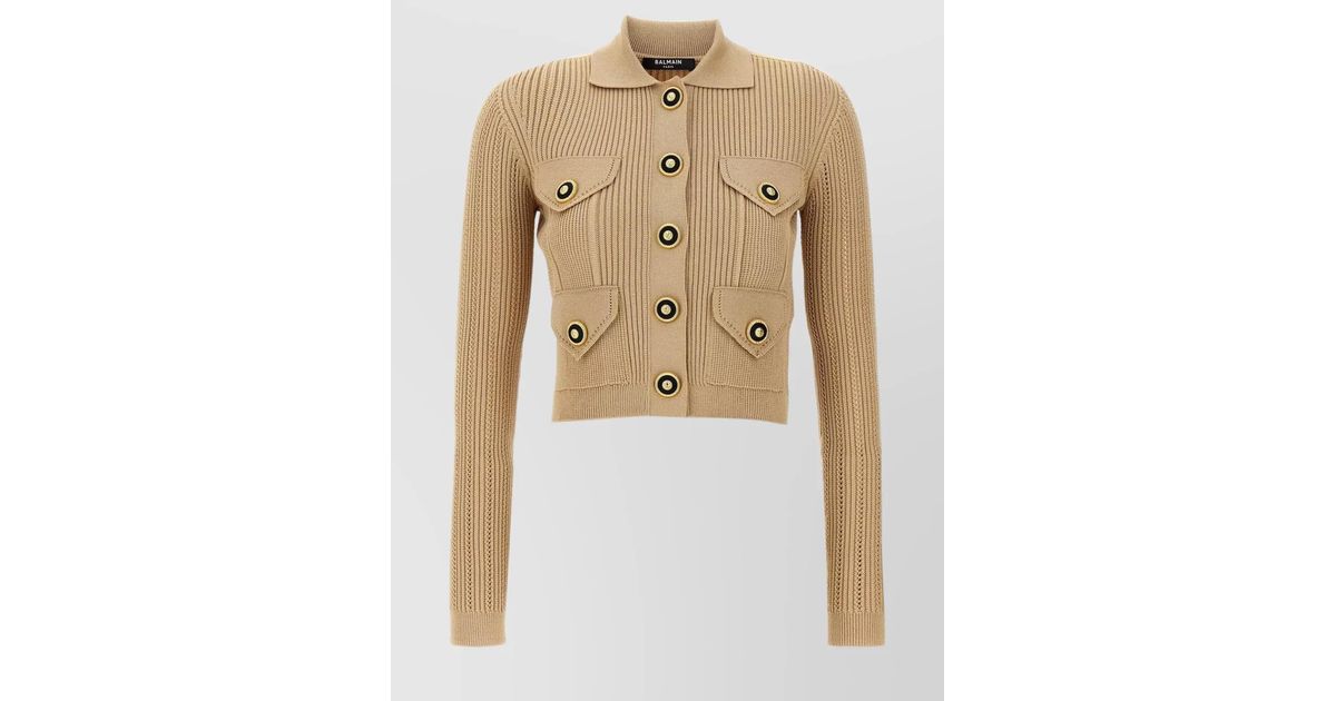 Balmain Ribbed Knit Cardigan With Button Detailing in Natural | Lyst