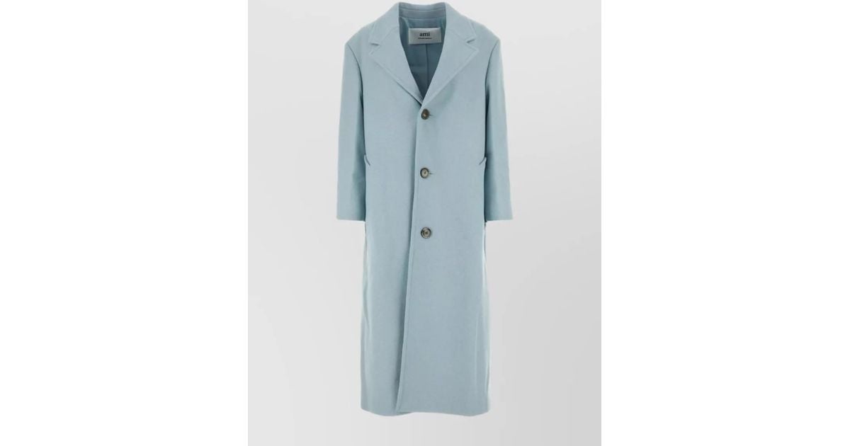 Ami Paris Wool Blend Coat With Back Slit And Buttoned Cuffs in Blue | Lyst