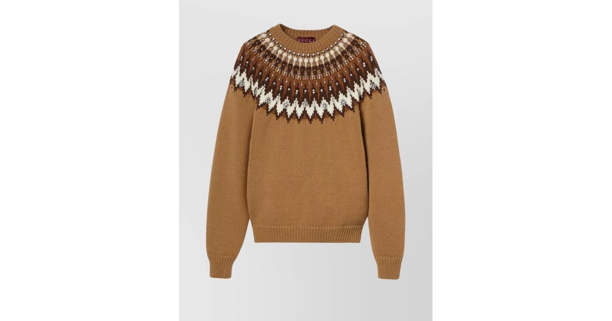 Gucci Wool Crew Neck Sweater With Ribbed Cuffs in Brown | Lyst