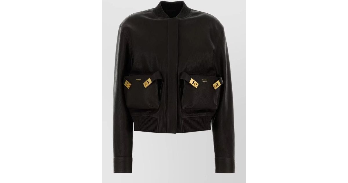 Ferragamo Leather Bomber Jacket With Ribbed Cuffs And Pockets in Black ...