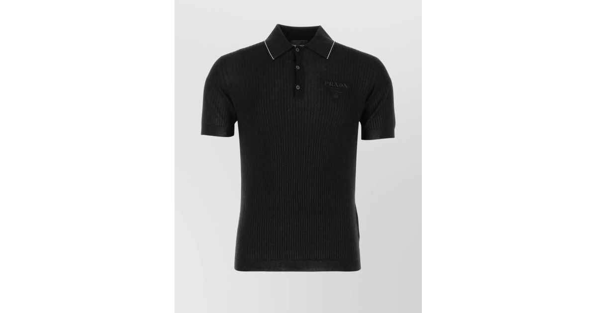 Prada Wool Blend Polo Shirt With Contrast Trim in Black for Men | Lyst