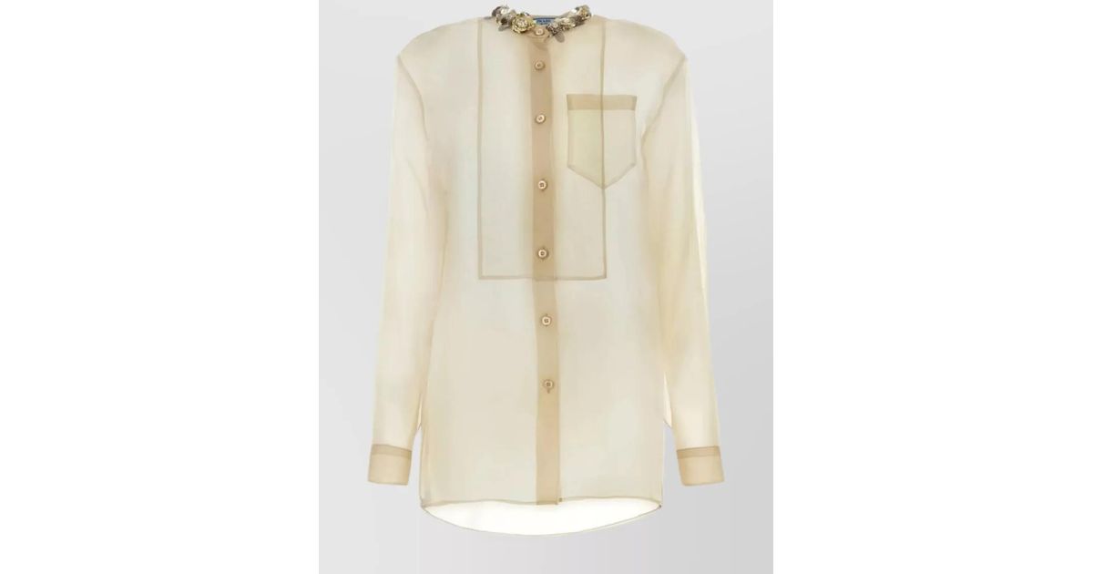 Prada Silk Mandarin Collar Blouse in Natural | Lyst