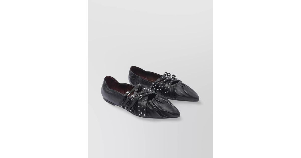 Ash Pointed Toe Leather Ballerina Shoes With Buckles And Studs in Black ...