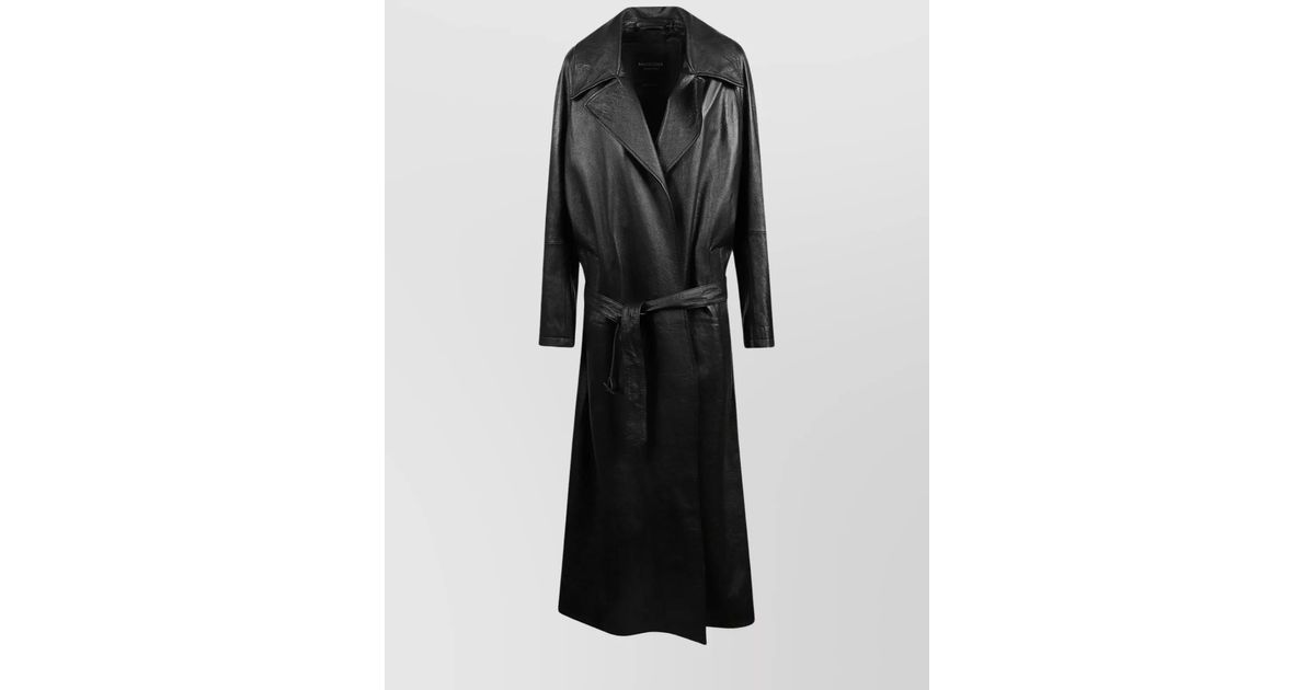 Balenciaga Long Belted Peacoat Leather Texture in Black | Lyst UK