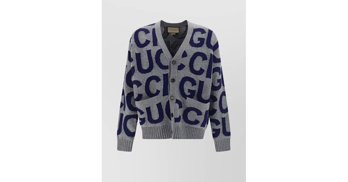 Gucci Wool V-Neck Cardigan Front Pockets in Blue for Men | Lyst UK