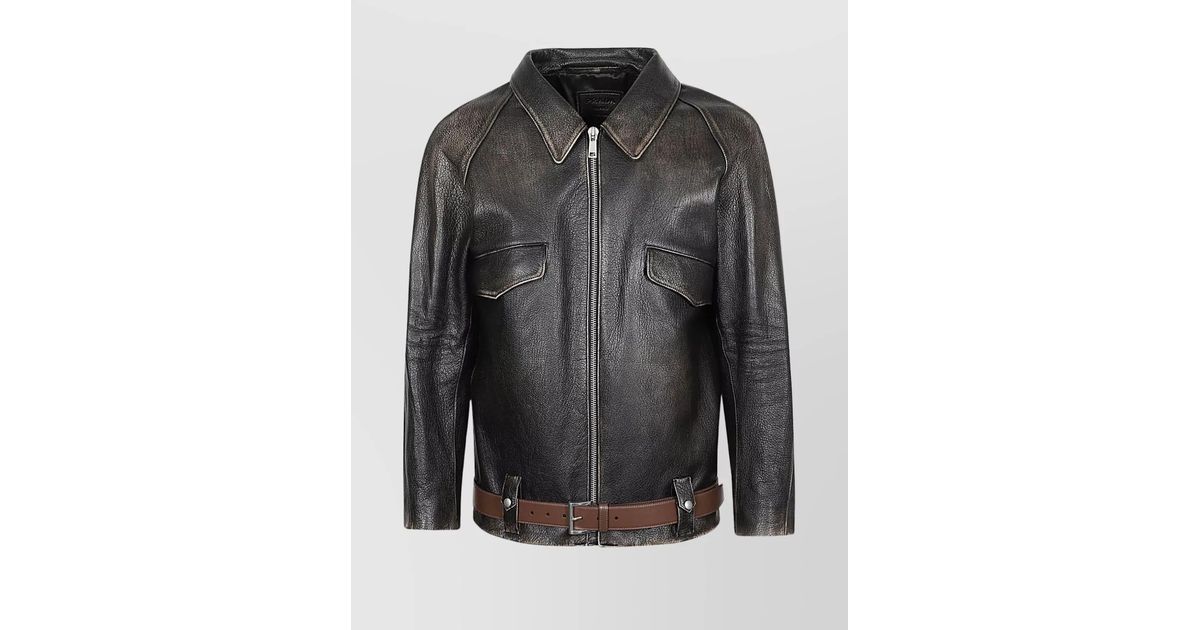 Prada Leather Jacket With Belted Hem And Vintage Effect in Black | Lyst