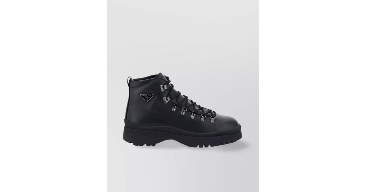 Prada Chunky Sole Leather Ankle Boots With Triangle Detail in Black for ...