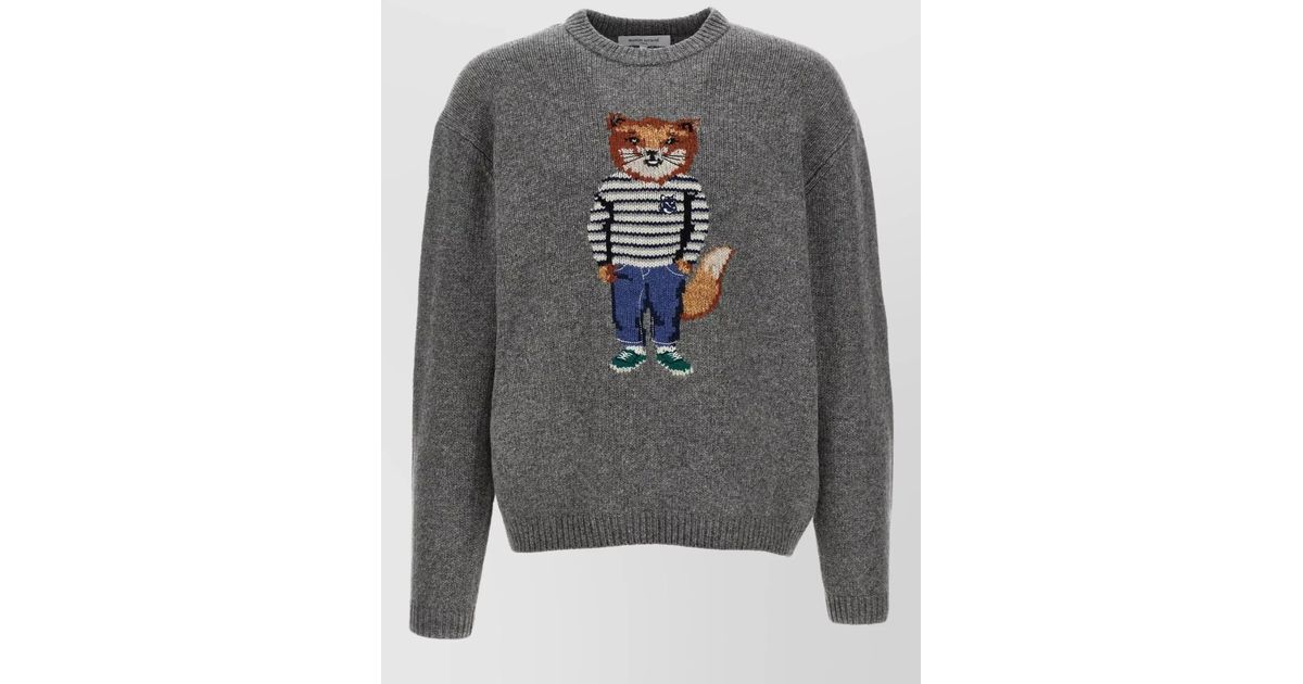Maison Kitsuné 'Fox Motif' Crew Neck Sweater in Gray for Men | Lyst