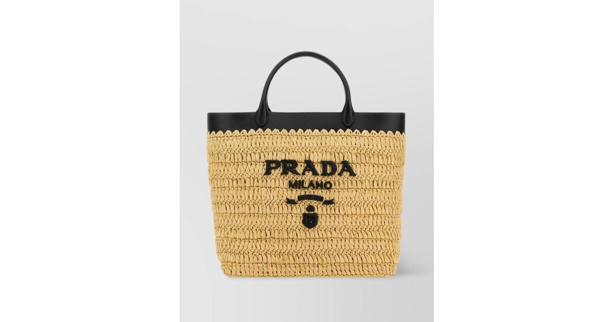 Prada Raffia Handbag With Contrast Trim And Woven Design in Metallic | Lyst