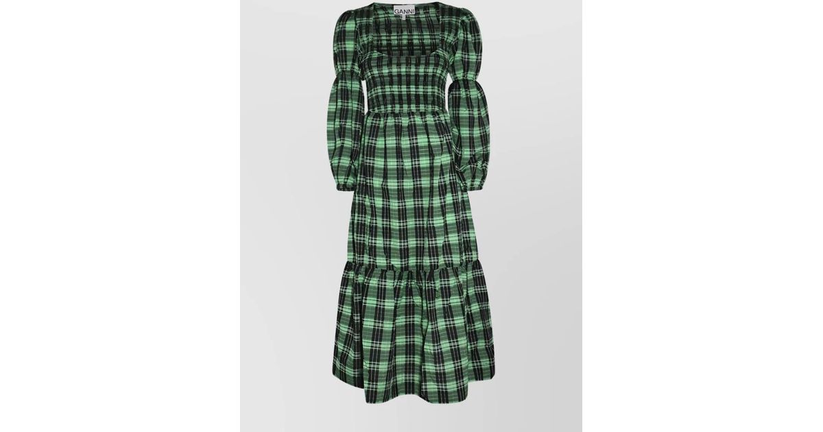 Ganni Seersucker Check Weave Dress in Green | Lyst