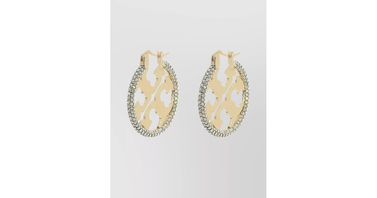 Tory Burch Crystal Logo Cut-Out Round Earrings in Natural | Lyst