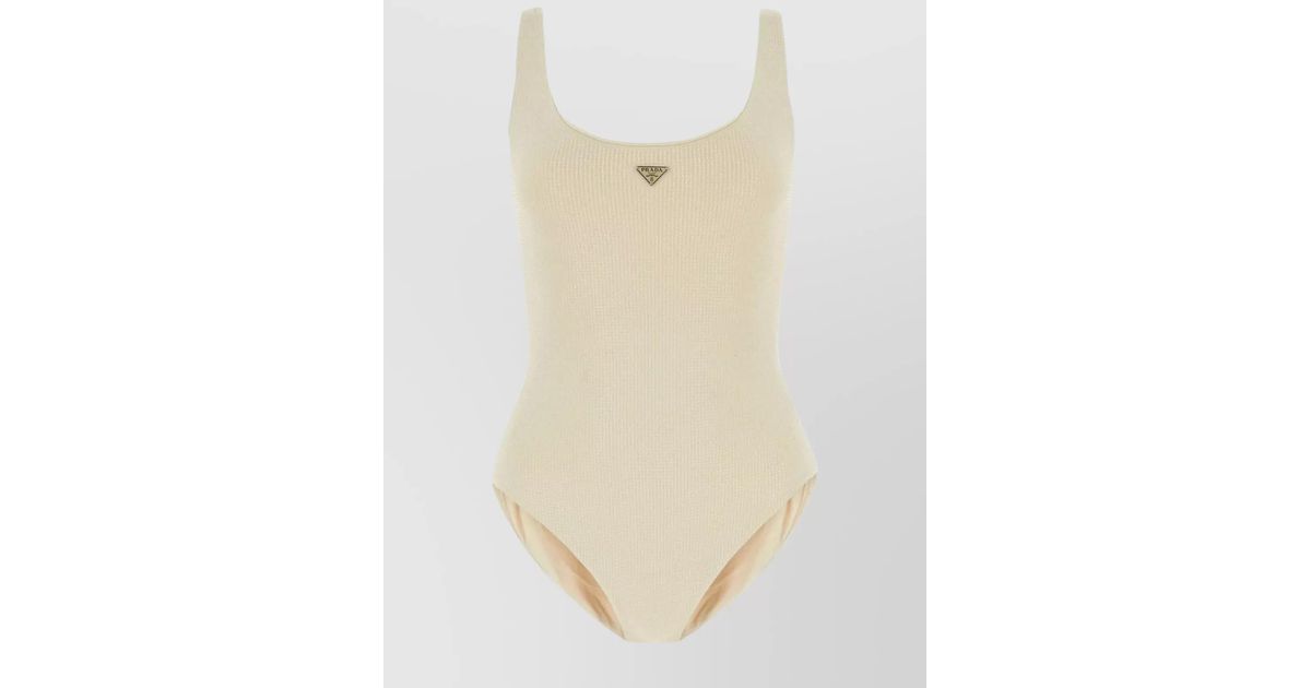 Prada Embellished High-Cut Leg Swimsuit in Natural | Lyst