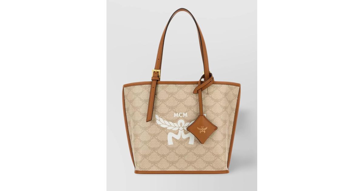 MCM Mini Structured Canvas Shopping Bag in Natural | Lyst