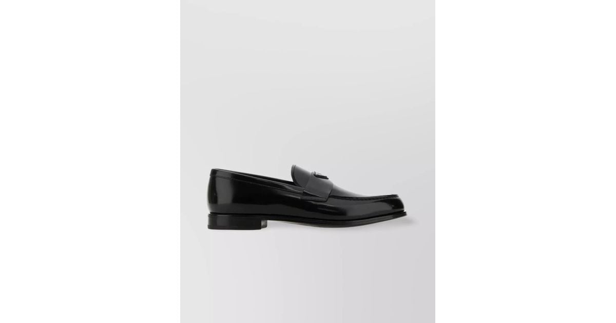 Prada Classic Round Toe Leather Loafers With Low Block Heel in Black ...