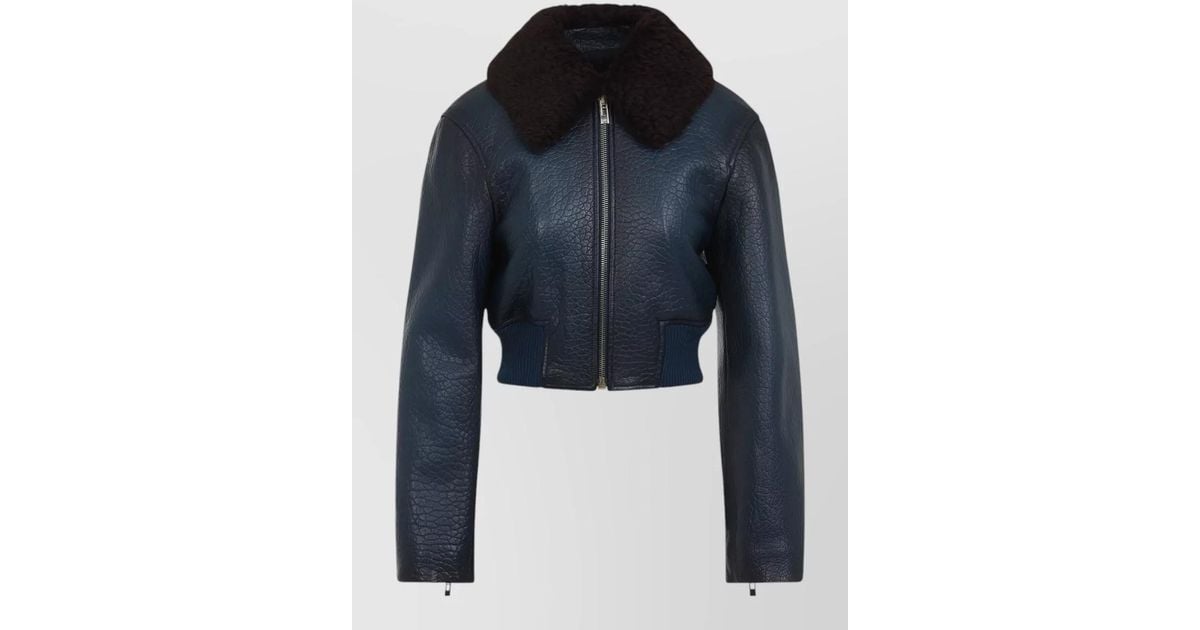 Alaïa Shearling Collar Textured Leather Zipped Jacket in Blue | Lyst UK