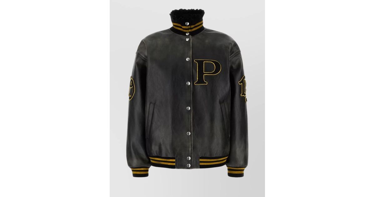 Prada Leather Jacket With Embroidered Patches And High Collar in Black ...